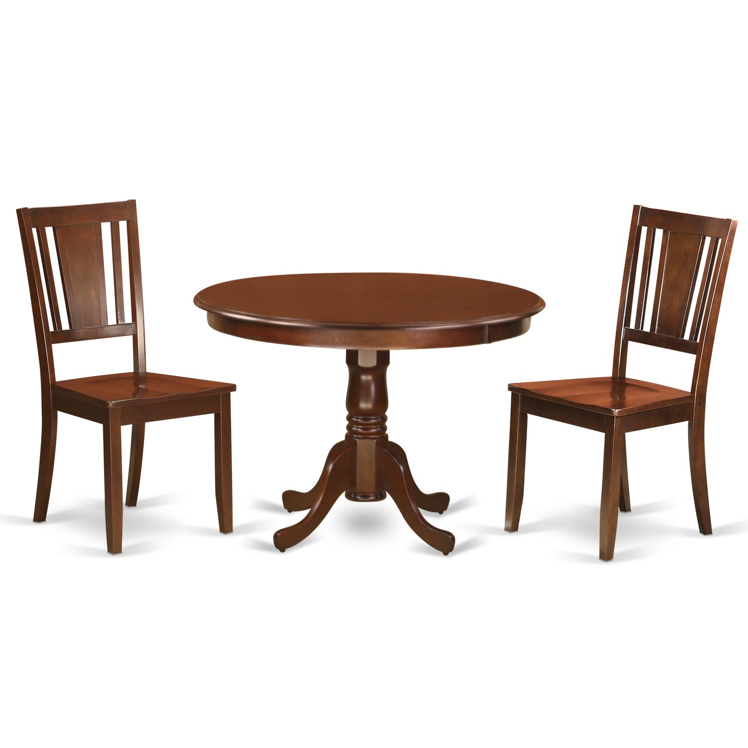 East West Furniture HLDU3-MAH-W 3 Piece Dining Set Contains a Round Dining Room Table with Pedestal and 2 Kitchen Chairs, 42x42 Inch, Mahogany