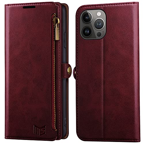 SUANPOT for iPhone 14 Pro 6.1 inch Wallet case 【RFID Blocking】【9 Card Slot】【Pocket】,Credit Card Holder Flip Folio Book Zipper PU Leather Protective Cover Women Men for Apple 14 Pro Phone case Wine Red