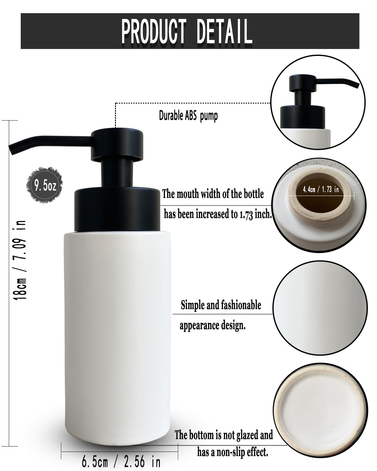UNBONSOUHAIT 9.5 Oz Foaming Soap Dispenser for Bathroom,Kitchen Foam Soap Dispenser,Refillable Modern Foam Pump Bottle,Black Ceramic Foaming Hand Pump Dispenser (White)