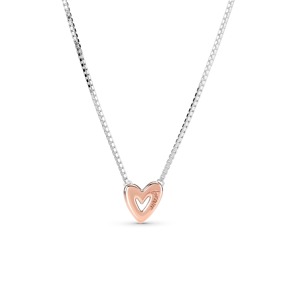 Pandora Sparkling Freehand Heart Necklace - Adjustable Necklace with Lobster Clasp - Great Gift for Her - Sterling Silver, 14k Rose Gold & Cubic Zirconia - 17.7"