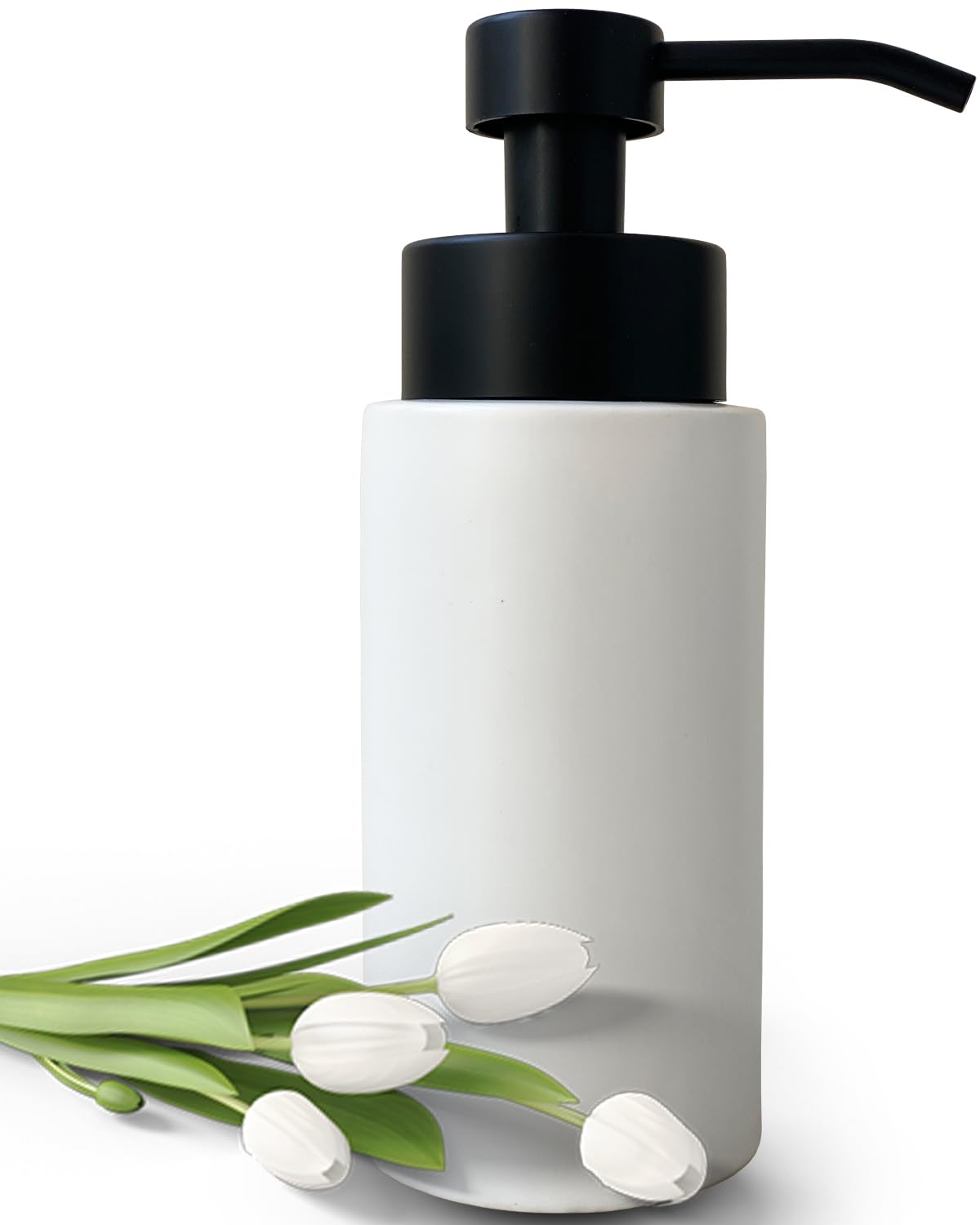 UNBONSOUHAIT 9.5 Oz Foaming Soap Dispenser for Bathroom,Kitchen Foam Soap Dispenser,Refillable Modern Foam Pump Bottle,Black Ceramic Foaming Hand Pump Dispenser (White)