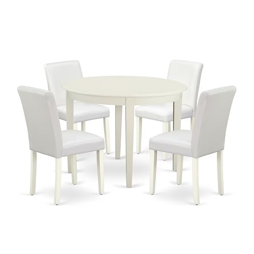 East West Furniture BOAB5-LWH-64 5 Piece Dining Table Set for 4 Includes a Round Kitchen Table and 4 White Faux Leather Upholstered Parson Chairs, 42x42 Inch, Linen White