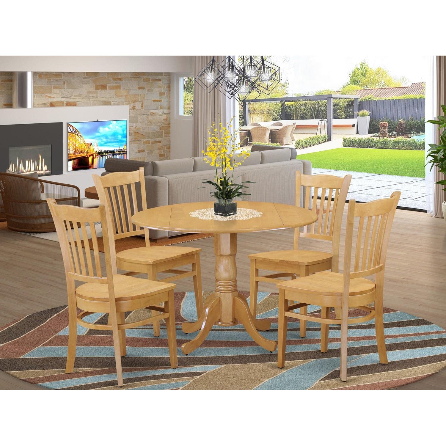 East West Furniture DLGR5-OAK-W 5 Piece Modern Dining Table Set Includes a Round Wooden Table with Dropleaf and 4 Kitchen Dining Chairs, 42x42 Inch, Oak