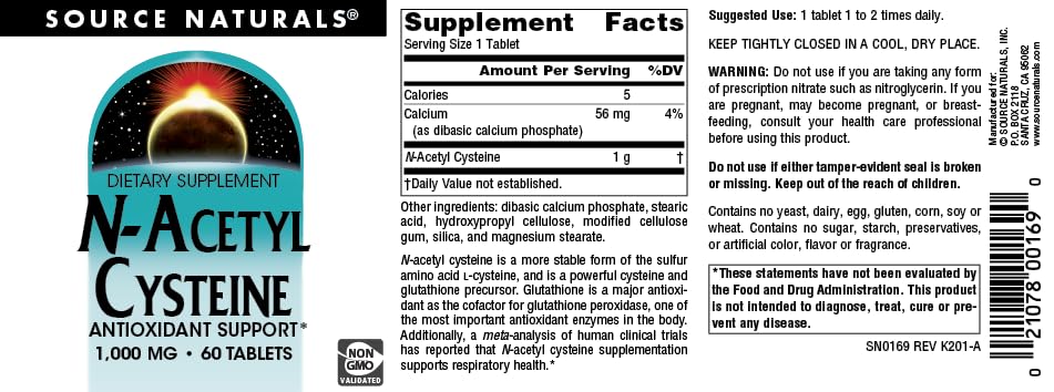 Source Naturals N-Acetyl Cysteine Antioxidant Support 1000 mg Dietary Supplement That Supports Respiratory Health* - 60 Tablets