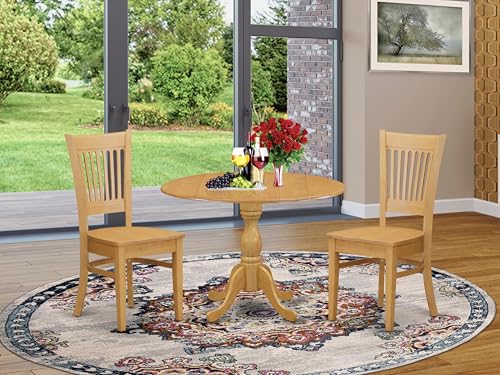 East West Furniture DMVA3-OAK-W 3 Piece Dinette Set for Small Spaces Contains a Round Dining Table with Dropleaf and 2 Dining Room Chairs, 42x42 Inch, Oak