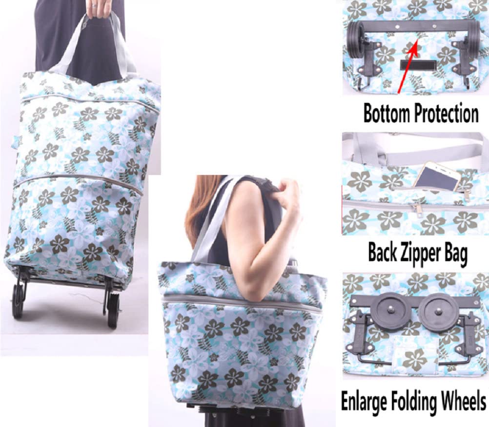 Upgrade Shopping Bag with Wheels Portable Trolley Bags Grocery Cart Hand Pulling Utility with Hand Straps Folding Shopping Cart- Larger Size & Waterproof & Strong(B0BDKBVK1Y)