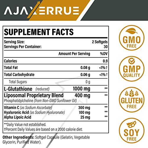 AJAXERRUE 1400 mg Liposomal Glutathione, Superior Absorption Complex Reduced Glutathione Supplement with Vitamin C, Hyaluronic Acid, Master Antioxidant for Liver Detox, Brain, Skin, 120 Softgels