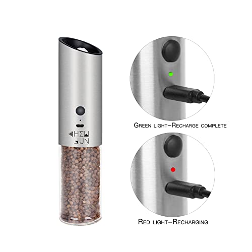 USB Rechargeable Electric Gravity Salt and Pepper Grinder with Adjustable Coarseness Automatic Pepper and Salt Mill with White LED Light,One Hand Operated,Brushed Stainless Steel by CHEW FUN