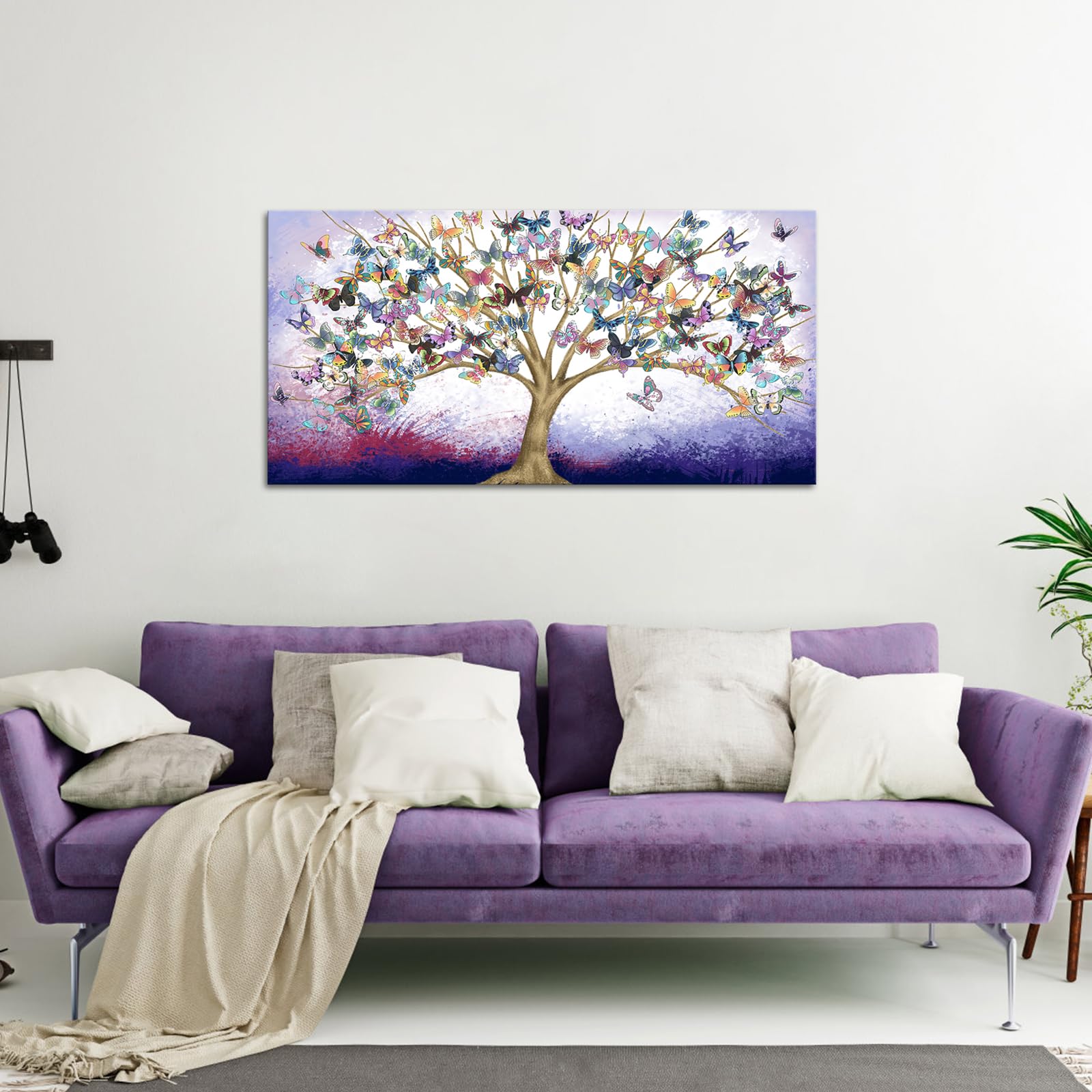 FuShvre Butterfly Pictures Wall Decor Purple Butterflies Canvas Wall Art Prints Tree of Life Artwork Painting Framed 24"x48"