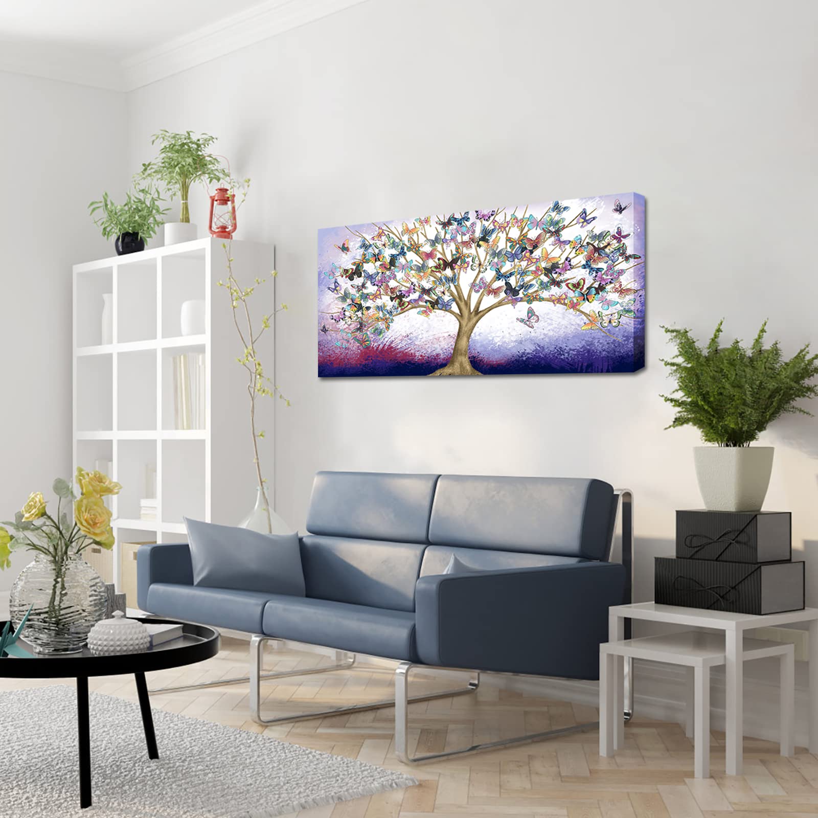 FuShvre Butterfly Pictures Wall Decor Purple Butterflies Canvas Wall Art Prints Tree of Life Artwork Painting Framed 24"x48"