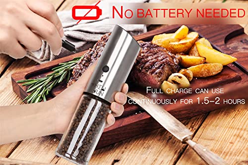 USB Rechargeable Electric Gravity Salt and Pepper Grinder with Adjustable Coarseness Automatic Pepper and Salt Mill with White LED Light,One Hand Operated,Brushed Stainless Steel by CHEW FUN
