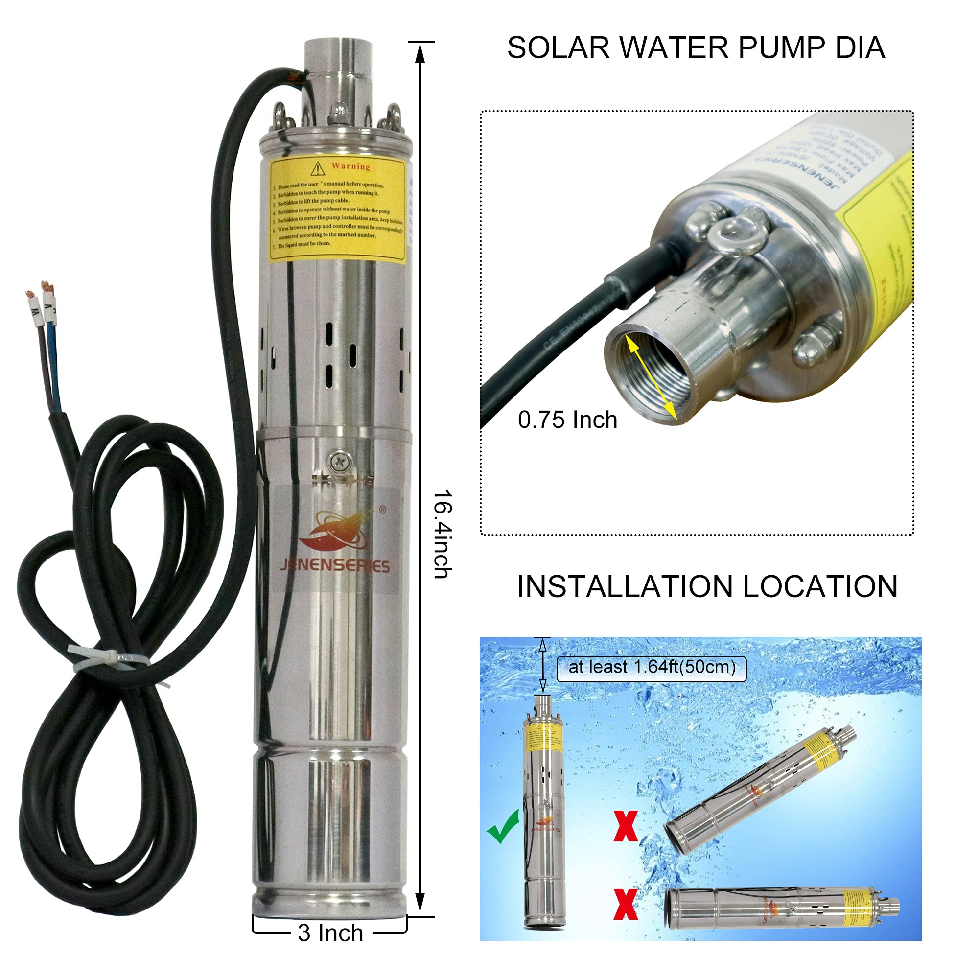 JENENSERIES Pump 270W DC 24V Solar Water Pumps, Max head 262ft,7.9GPM Flow,3 inch Solar deep well submersible Pumps with MPPT controller (270W 24V)