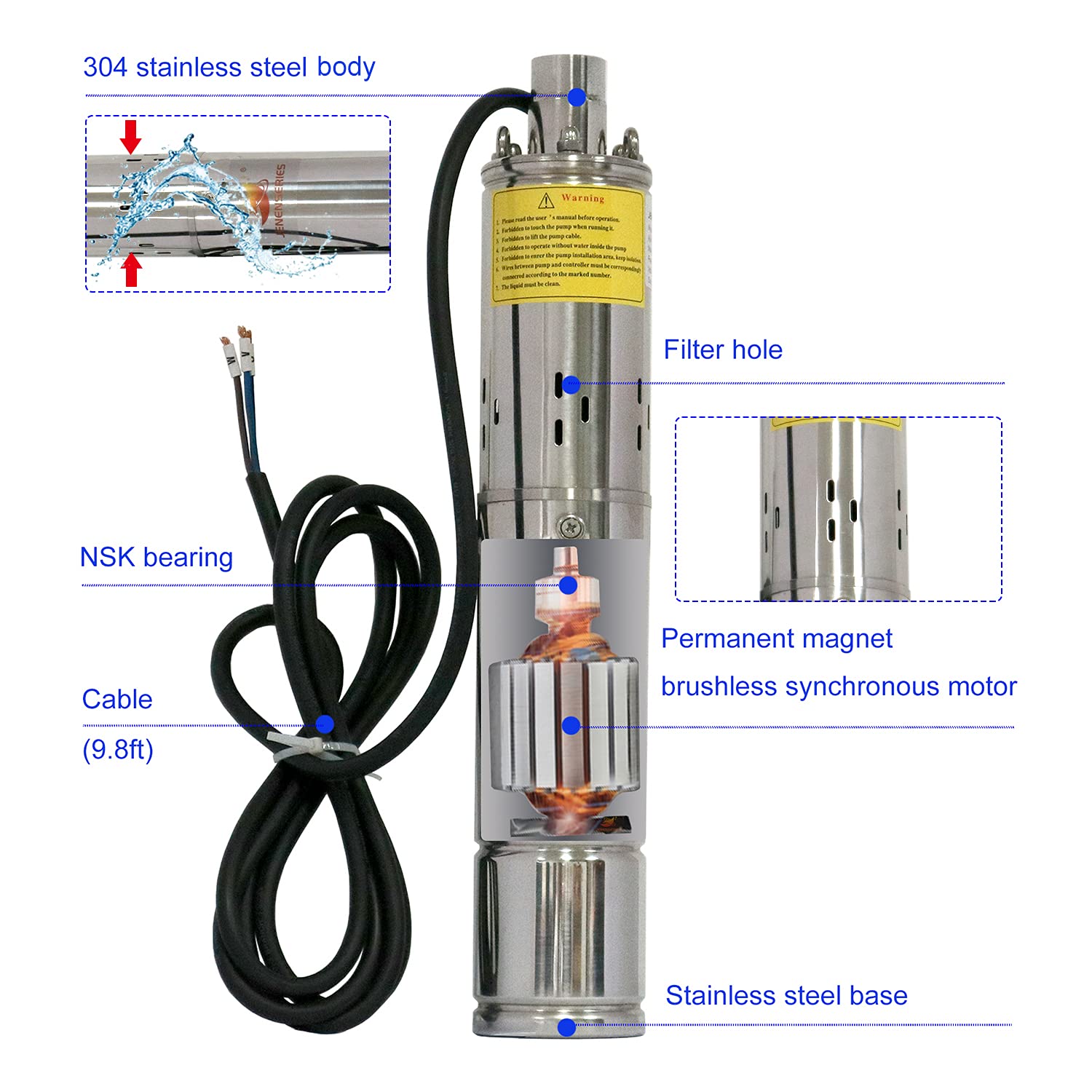 JENENSERIES Pump 270W DC 24V Solar Water Pumps, Max head 262ft,7.9GPM Flow,3 inch Solar deep well submersible Pumps with MPPT controller (270W 24V)