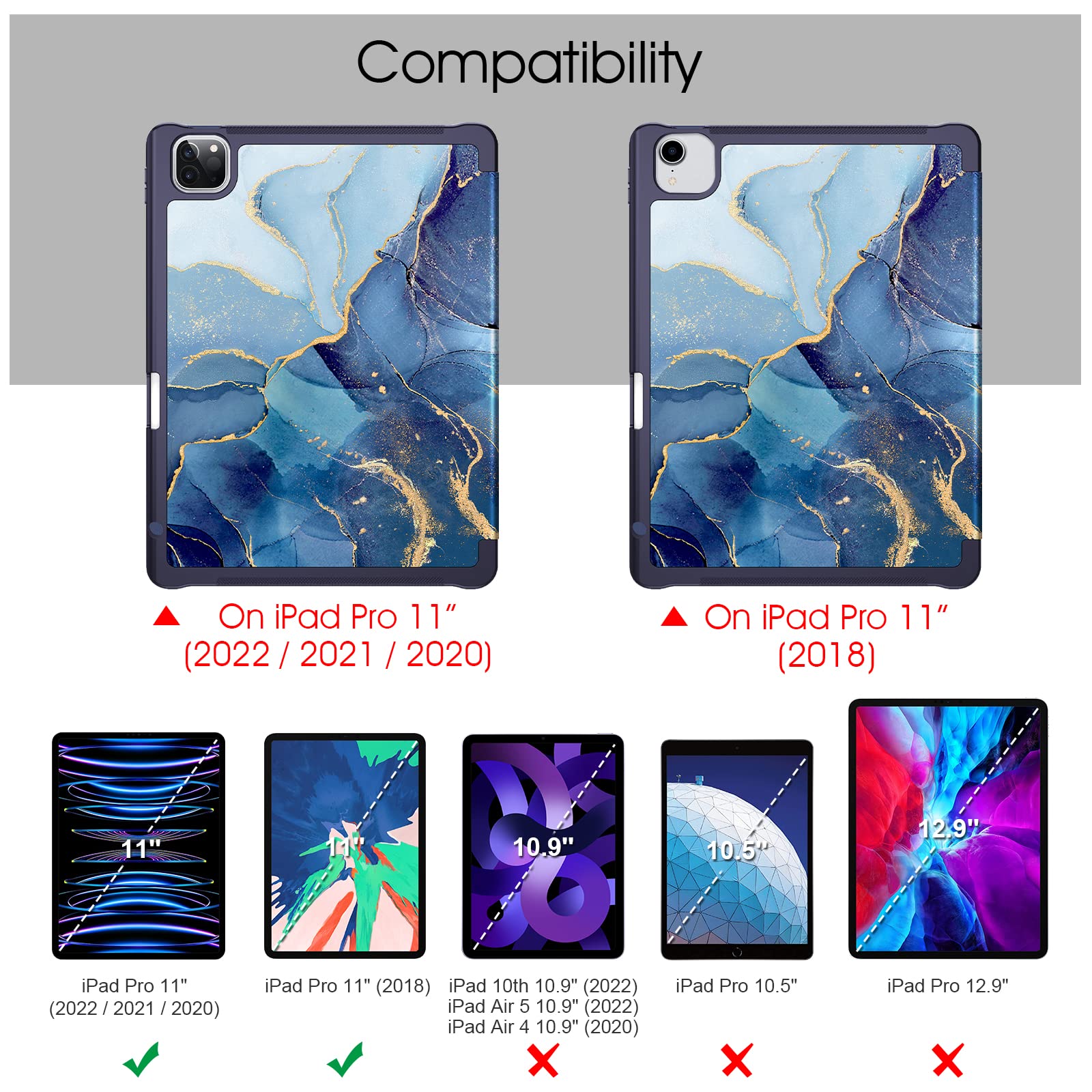 Fintie SlimShell Case for iPad Pro 11-inch (4th / 3rd Generation) 2022/2021 - Soft Flexible TPU Stand Back Cover with Pencil Holder, Also Fit iPad Pro 11" 2nd / 1st Gen, Ocean Marble