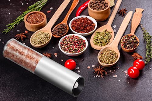 USB Rechargeable Electric Gravity Salt and Pepper Grinder with Adjustable Coarseness Automatic Pepper and Salt Mill with White LED Light,One Hand Operated,Brushed Stainless Steel by CHEW FUN