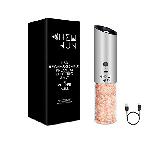USB Rechargeable Electric Gravity Salt and Pepper Grinder with Adjustable Coarseness Automatic Pepper and Salt Mill with White LED Light,One Hand Operated,Brushed Stainless Steel by CHEW FUN