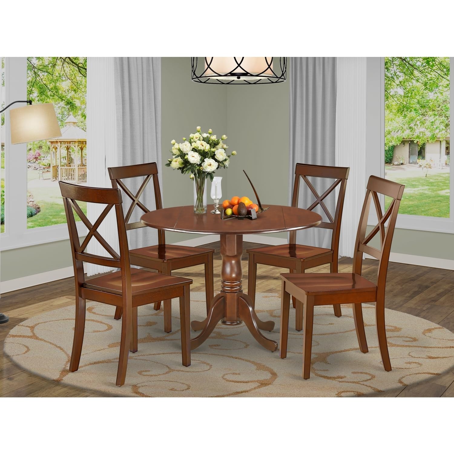 HomeStock City Chic 5Pc Rounded 42 Inch Kitchen Table with Two 9-Inch Drop Leaves and Four Wood Seat Dining Chairs
