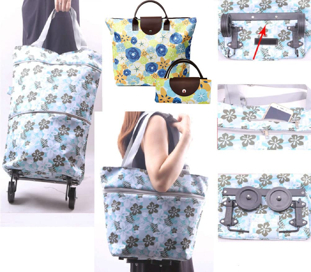 Upgrade Shopping Bag with Wheels Portable Trolley Bags Grocery Cart Hand Pulling Utility with Hand Straps Folding Shopping Cart- Larger Size & Waterproof & Strong（B0BDKBVK1Y）