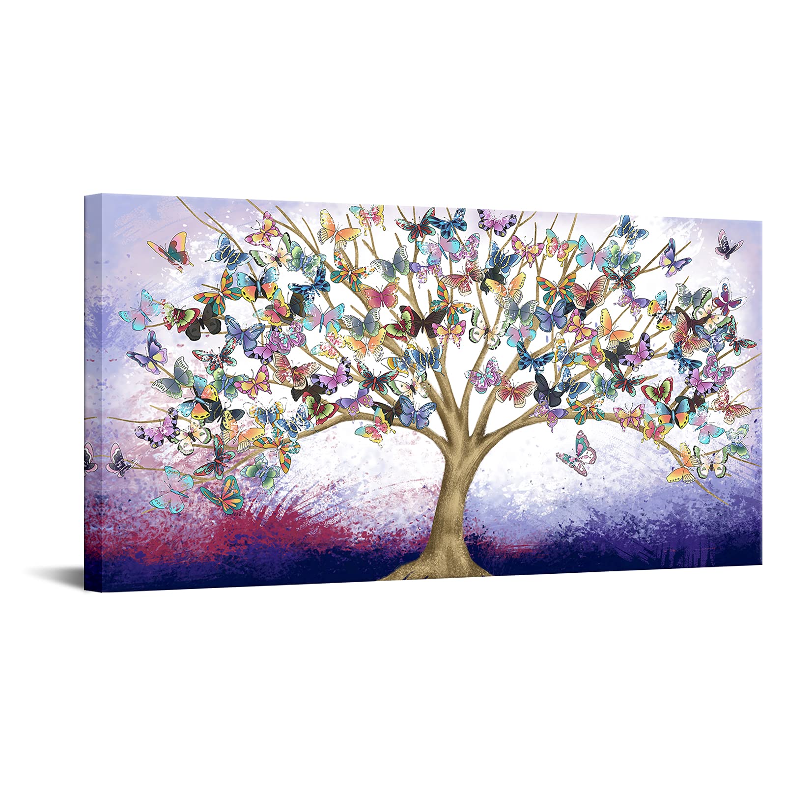 FuShvre Butterfly Pictures Wall Decor Purple Butterflies Canvas Wall Art Prints Tree of Life Artwork Painting Framed 24"x48"