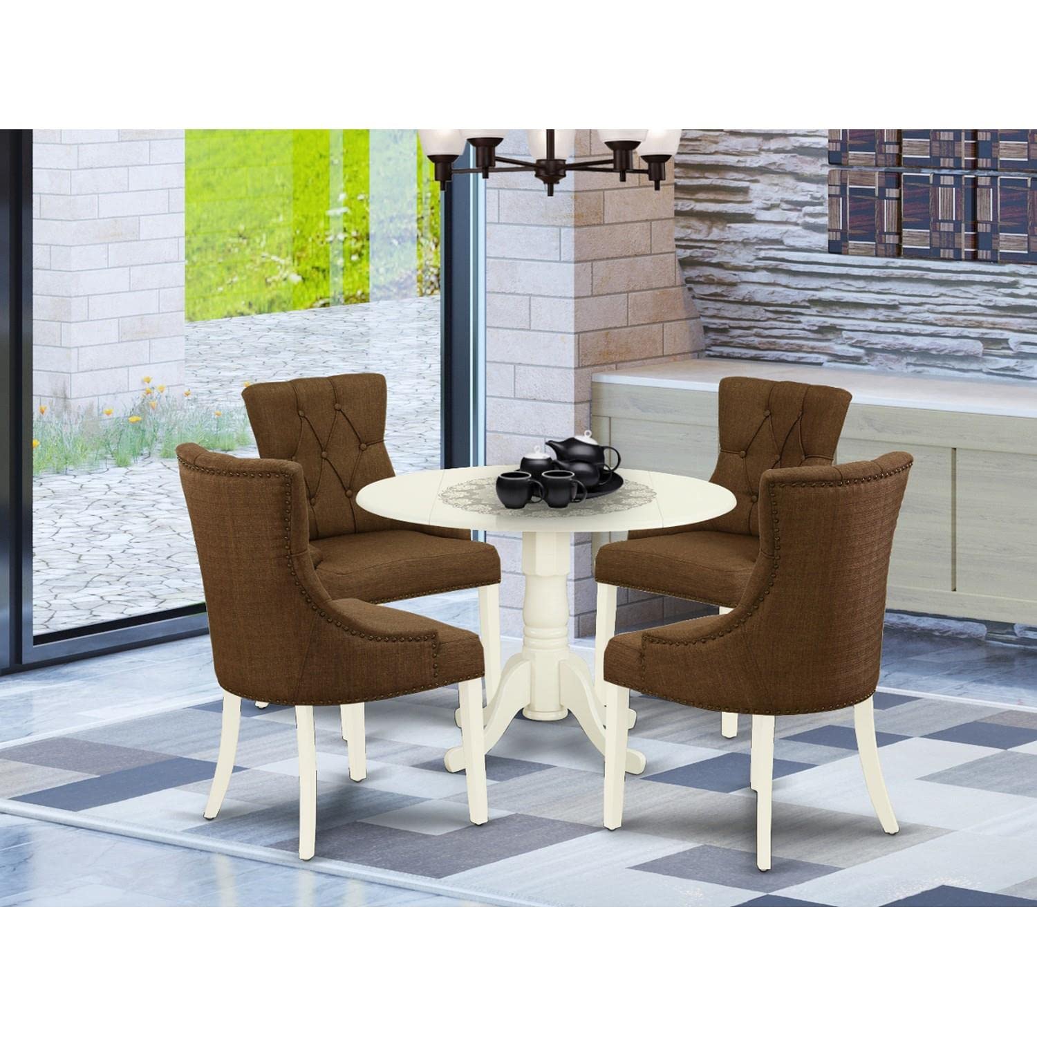 East West Furniture DLFR5-WHI-18 5 Piece Kitchen Table Set for 4 Includes a Round Dining Room Table with Dropleaf and 4 Brown Linen Linen Fabric Upholstered Chairs, 42x42 Inch, Linen White
