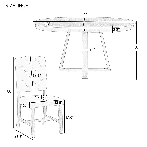 KoiHome Retro Functional Round 16" W Leaf, 4 Upholstered Family Dinner Room, 5pc Farmhouse Kitchen Chairs for 4 (Natural), 5 Piece Extendable Dining Table Set