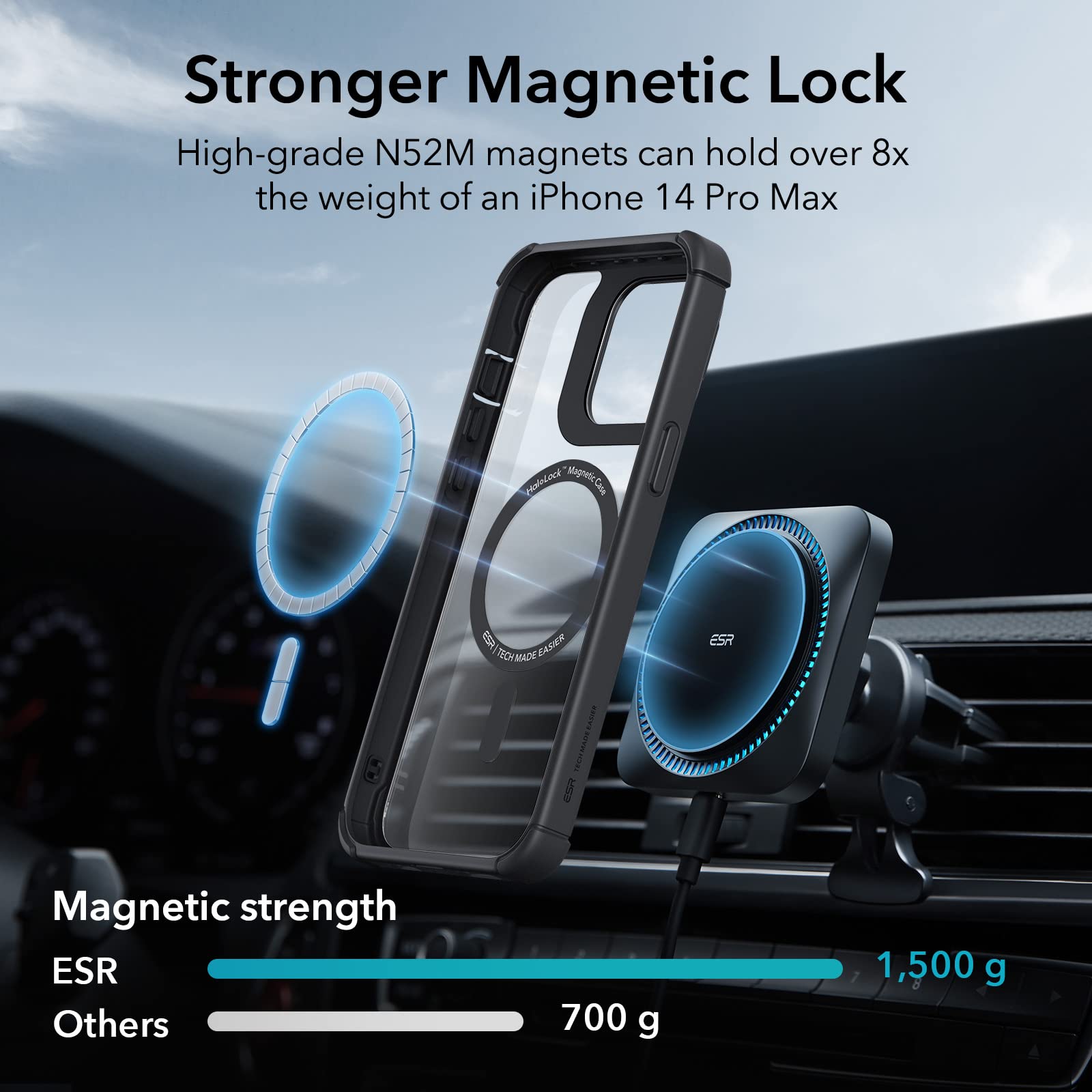 ESR for iPhone 14 Pro Case with Stand, Compatible with MagSafe, Full-Body Military-Grade Drop Proof Case with Built-in 9H+ Tempered Glass Screen Protector, Armor Series, Clear Black