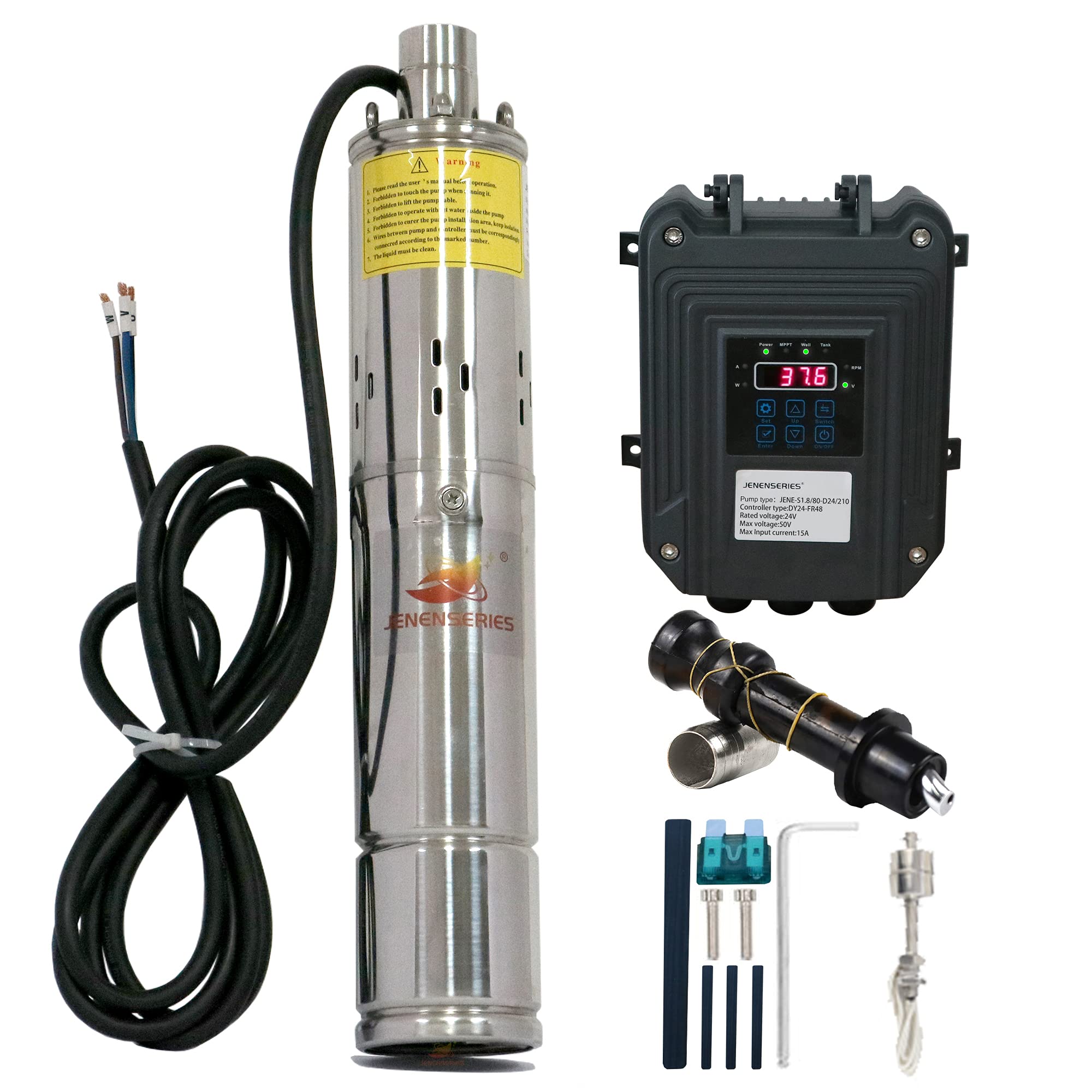 JENENSERIES Pump 270W DC 24V Solar Water Pumps, Max head 262ft,7.9GPM Flow,3 inch Solar deep well submersible Pumps with MPPT controller (270W 24V)