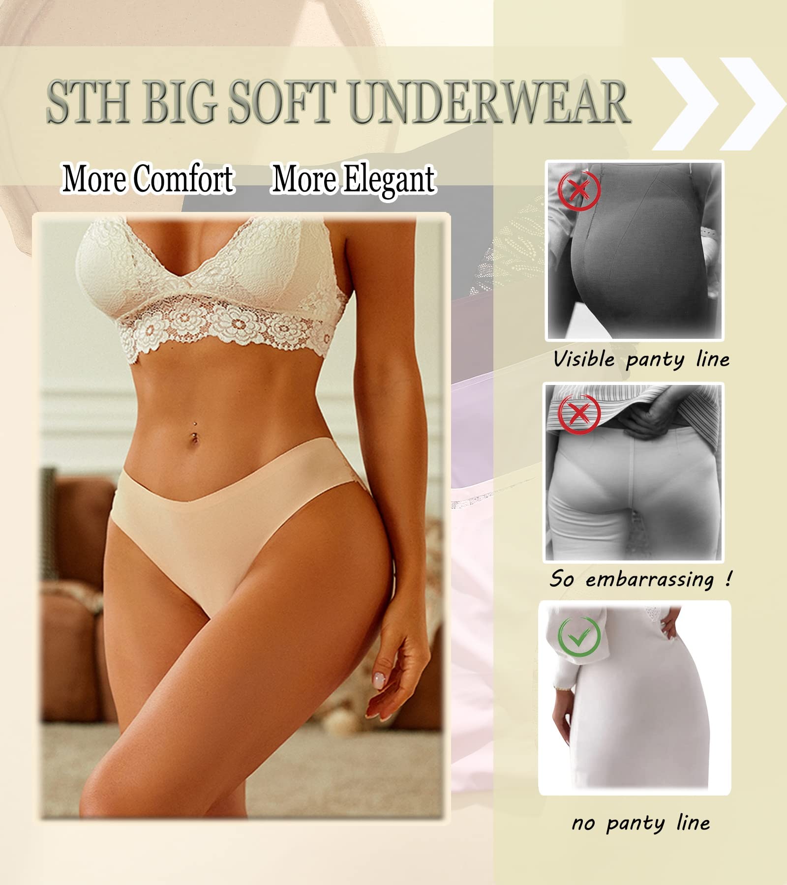 Sth Big Cheeky Underwear for Women Lace No Show Bikini Soft Breathe Seamless Panties Ladies Sexy Hipster Set 6 Pack