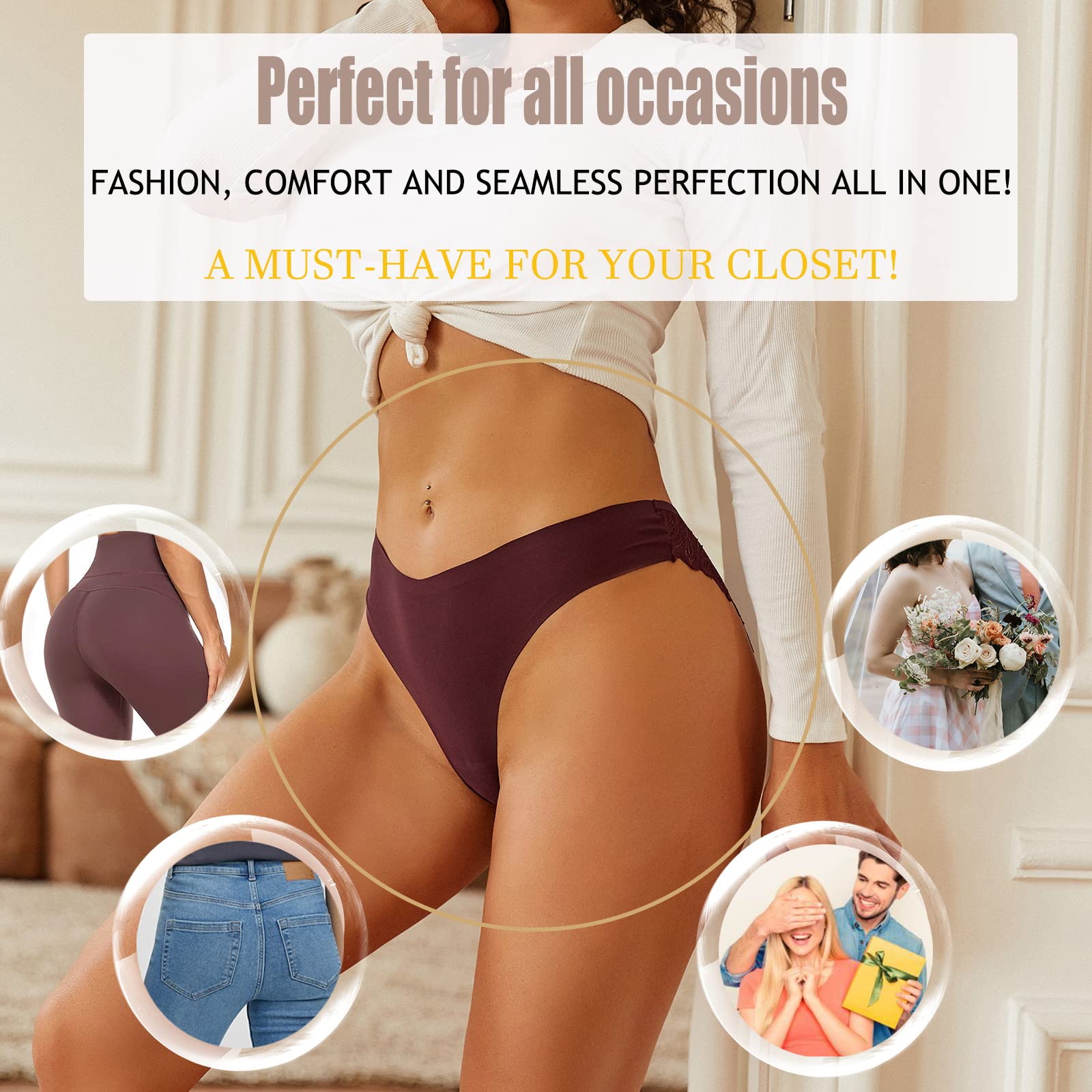Sth Big Cheeky Underwear for Women Lace No Show Bikini Soft Breathe Seamless Panties Ladies Sexy Hipster Set 6 Pack
