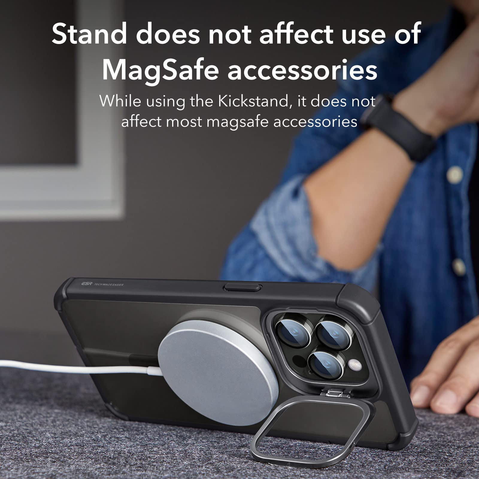 ESR for iPhone 14 Pro Case with Stand, Compatible with MagSafe, Full-Body Military-Grade Drop Proof Case with Built-in 9H+ Tempered Glass Screen Protector, Armor Series, Clear Black
