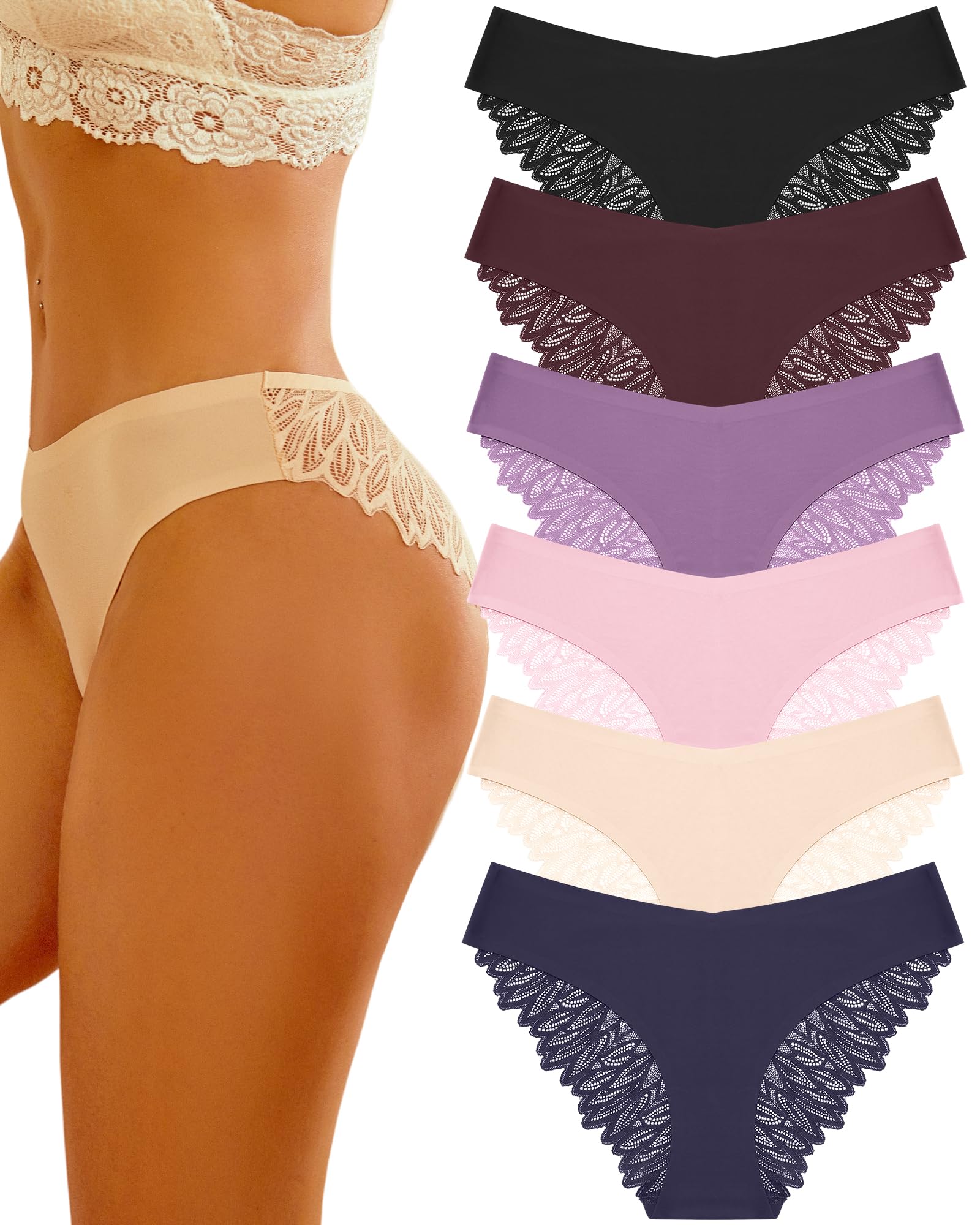 Sth Big Cheeky Underwear for Women Lace No Show Bikini Soft Breathe Seamless Panties Ladies Sexy Hipster Set 6 Pack