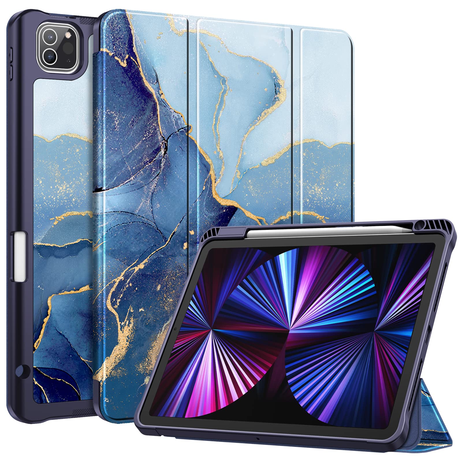 Fintie SlimShell Case for iPad Pro 11-inch (4th / 3rd Generation) 2022/2021 - Soft Flexible TPU Stand Back Cover with Pencil Holder, Also Fit iPad Pro 11" 2nd / 1st Gen, Ocean Marble