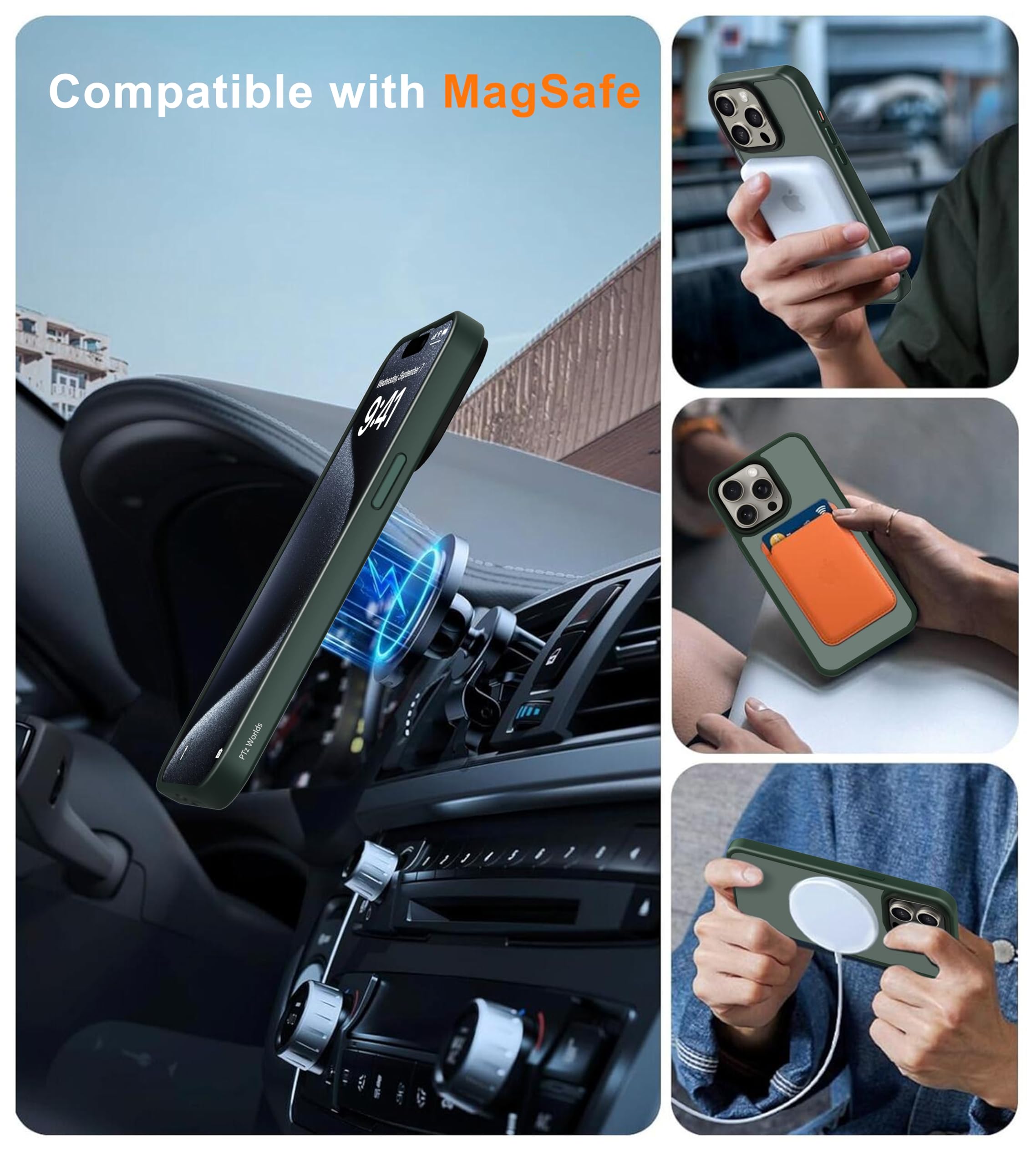 PTz Worlds for iPhone 14 Pro Case 6.1” - Strong Magnetic Cases for iPhone 14 Pro, Matte Army Green Compatible with MagSafe, Military Grade Drop Protection, Ultra Thin, Shockproof, Slim Fit