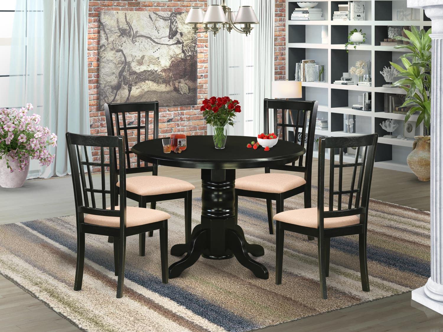 East West Furniture SHNI5-BLK-C 5 Piece Modern Dining Table Set Includes a Round Kitchen Table with Pedestal and 4 Linen Fabric Kitchen Dining Chairs, 42x42 Inch, Black