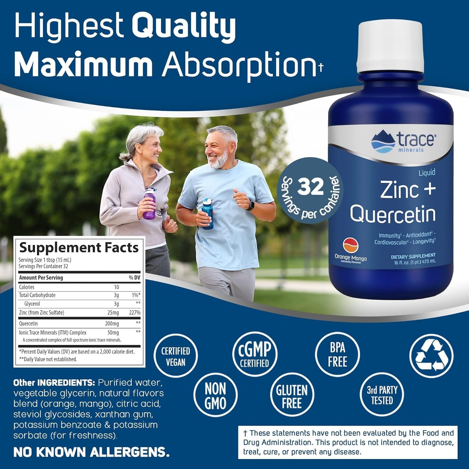 Trace Minerals Liquid Zinc Plus Quercetin - Digestive & Immune Health Supplement - Mineral Supplement with Zinc & Quercetin - Antioxidant & Heart Health Support - Orange Mango, 16 fl oz (32 Servings)