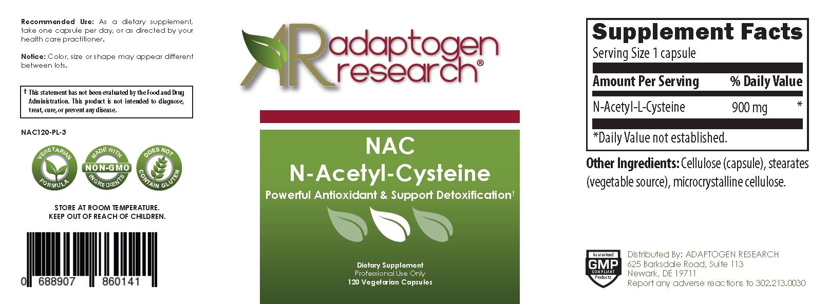 N-Acetyl-L-Cysteine 900mg | NAC Supplement | Powerful Antioxidant | Supports Detoxification | Non-GMO | 120 Vegetarian Capsules | Adaptogen Research