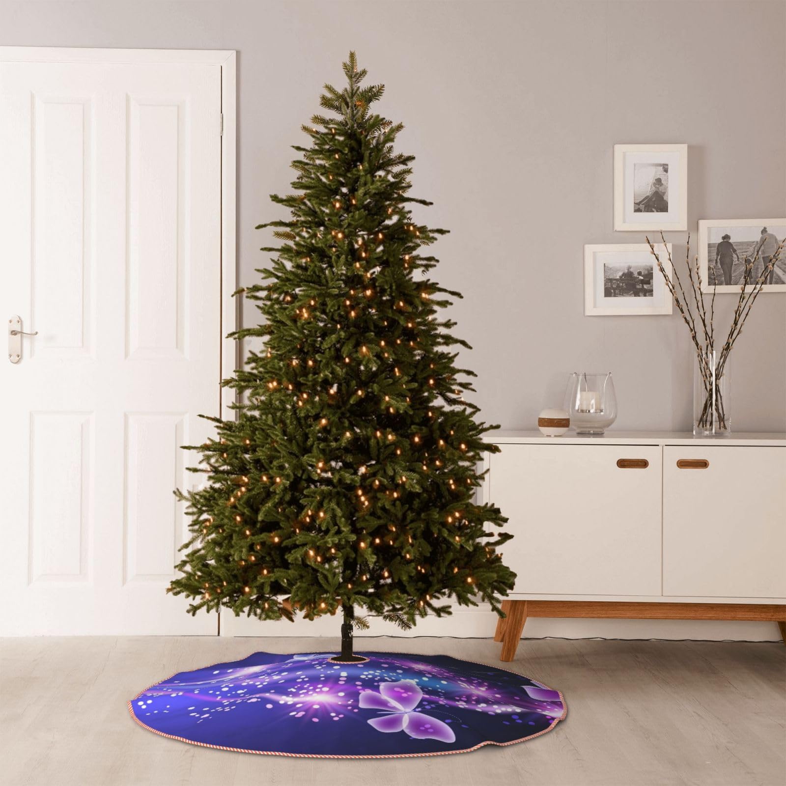EVANEM 36" Christmas Tree Skirt Butterfly Purple Christmas Tree Decorations Linen Waterproof Xmas Tree Mat with Pom Pom Trim for Holiday Christmas Party Rustic Farmhouse Decorations
