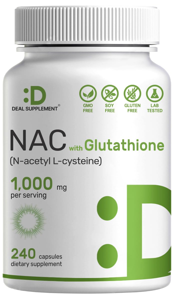 Deal Supplement NAC Supplement (N-Acetyl Cysteine) 1,000mg Per Serving with Reduced Glutathione, 240 Capsules – Antioxidant Support for Immune Health, Lung, & Liver Function