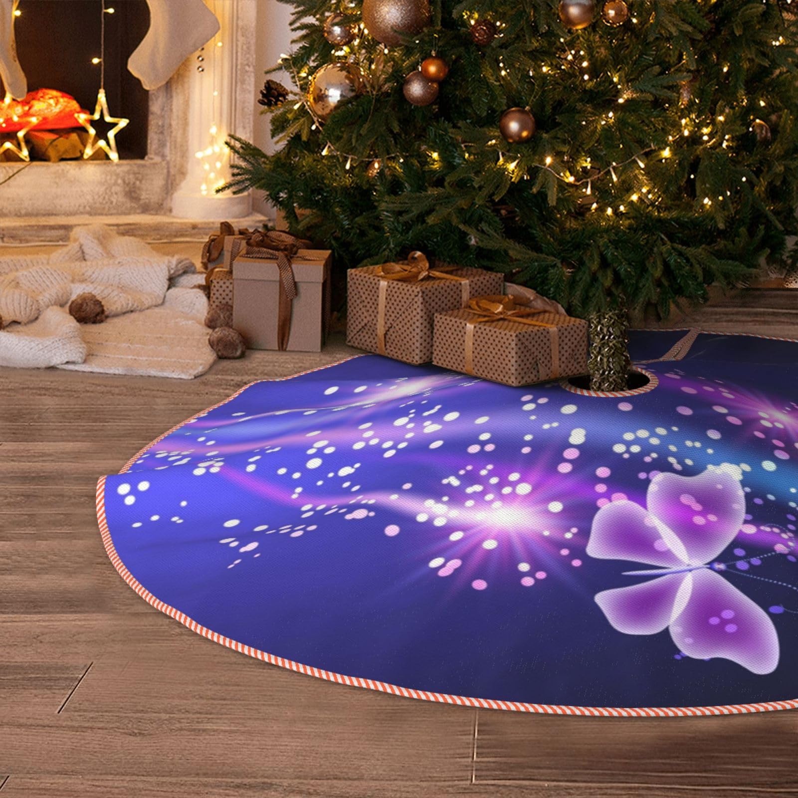 EVANEM 36" Christmas Tree Skirt Butterfly Purple Christmas Tree Decorations Linen Waterproof Xmas Tree Mat with Pom Pom Trim for Holiday Christmas Party Rustic Farmhouse Decorations