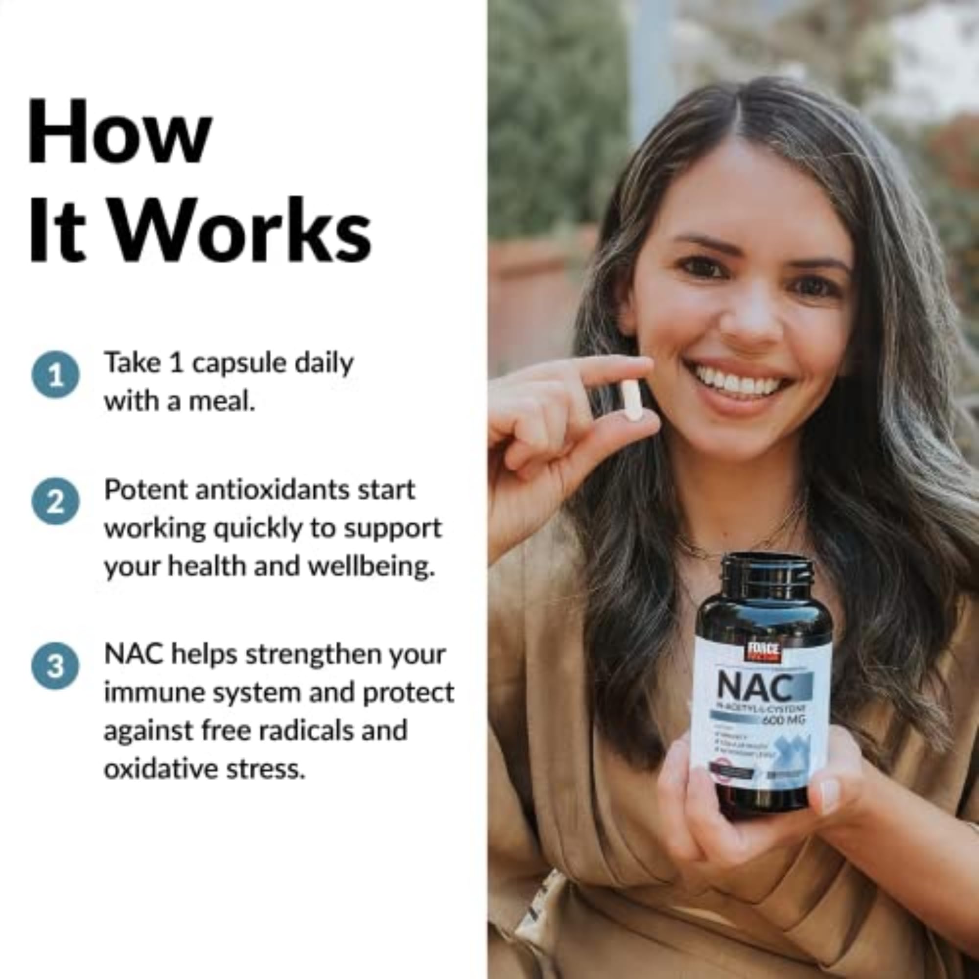 FORCE FACTOR NAC 600 mg, N-Acetyl Cysteine for Liver Health, Immune Support & Antioxidant Production, Clinically Studied Dose, 200 Servings