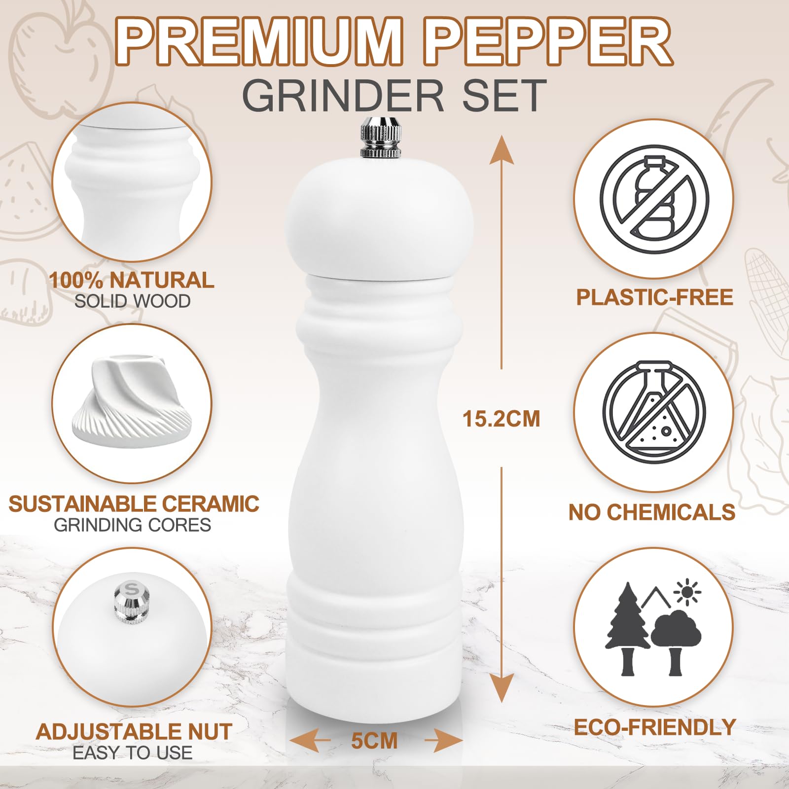 Salt and Pepper Grinder Set of 2 - Wood Salt and Pepper Mill with Adjustable Coarseness Ceramic Core - Manual Salt Grinders Refillable Spice Mills - Pepper Shakers for Sea Salt/Chili/Sesame, 6.5 Inch