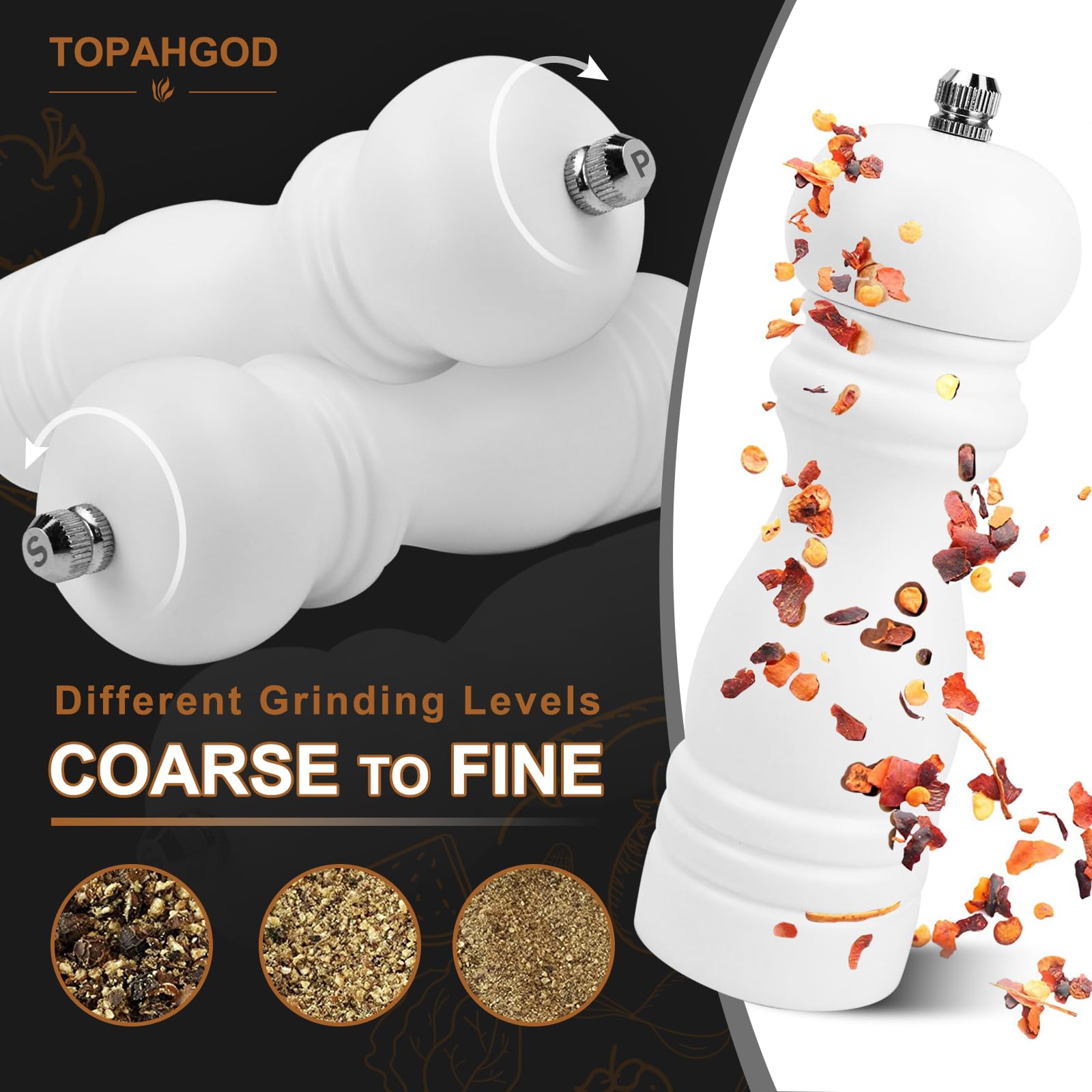 Salt and Pepper Grinder Set of 2 - Wood Salt and Pepper Mill with Adjustable Coarseness Ceramic Core - Manual Salt Grinders Refillable Spice Mills - Pepper Shakers for Sea Salt/Chili/Sesame, 6.5 Inch