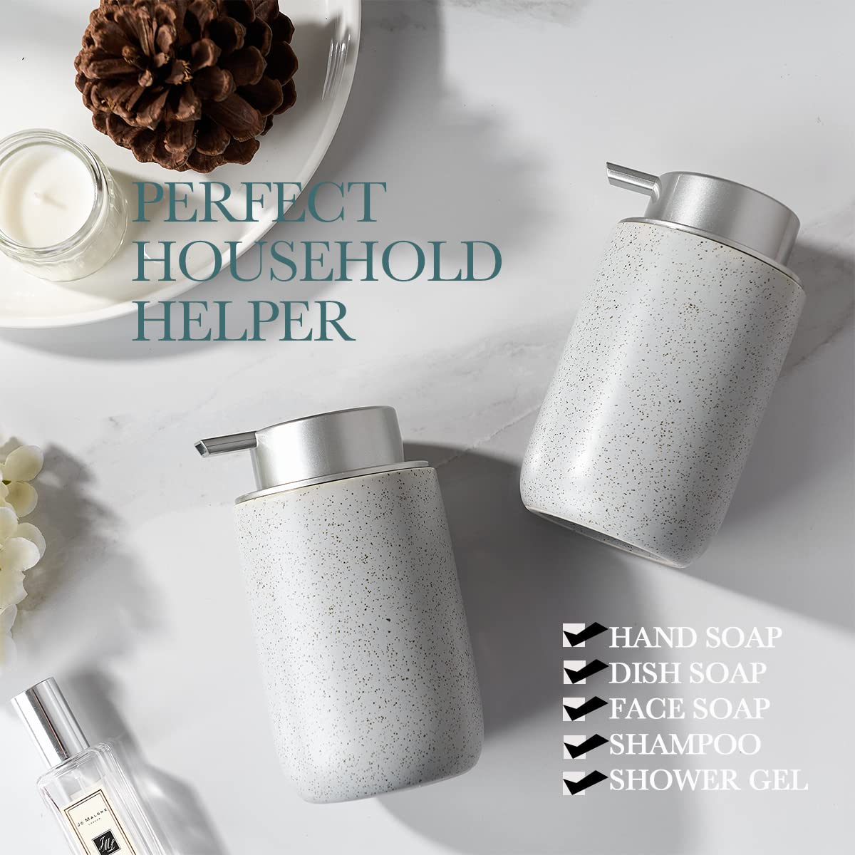 GIRLUFO Gray Foaming Soap Dispenser,Ceramic Foam Dispenser with Silver Plastic Soap Pump for Bathroom&Kitchen,Refillable Soap Dispenser,12oz Hand Soap Dispenser