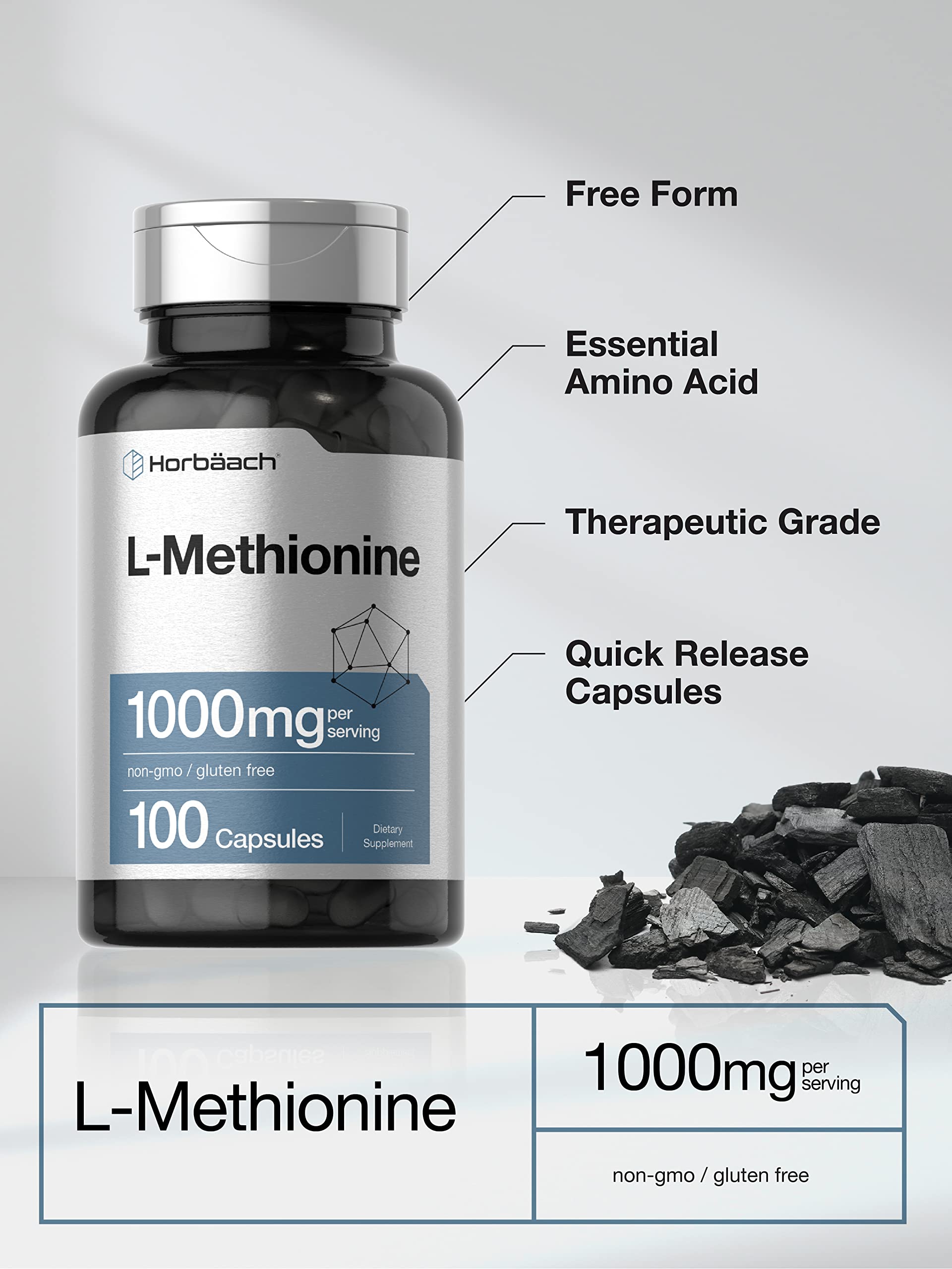 Horbäach L-Methionine 1000mg | 100 Capsules | Non-GMO, Gluten Free | Free Form Supplement