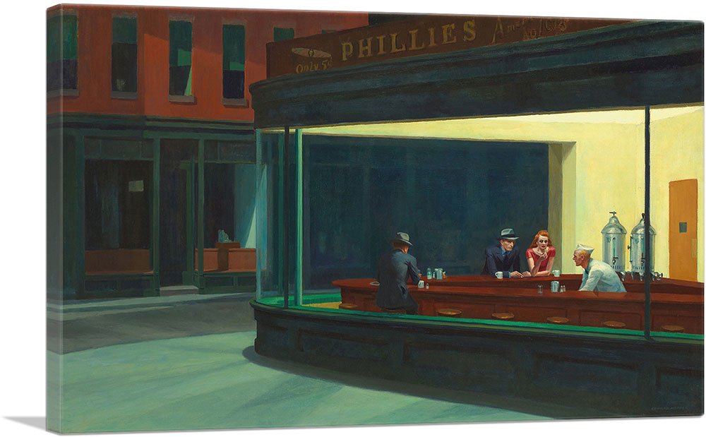 ARTCANVAS Nighthawks 1942 Canvas Art Print Stretched Framed Painting Picture Poster Giclee Wall Decor by Edward Hopper - 40" x 26" (0.75" Deep)