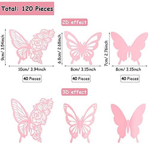 120 Pcs 3D Butterfly Wall Decor Mural Stickers Decals 3 Styles Butterfly Wall Decoration Decals for Baby Room Home Wedding Party DIY Decor(Pink)