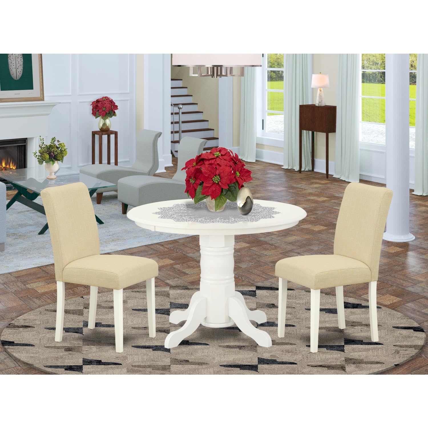 HomeStock Elegant Escape 3Pc Round 42 Inch Dining Room Table and A Pair of Parson Chair with Linen White Leg and Linen Fabric Light Beige