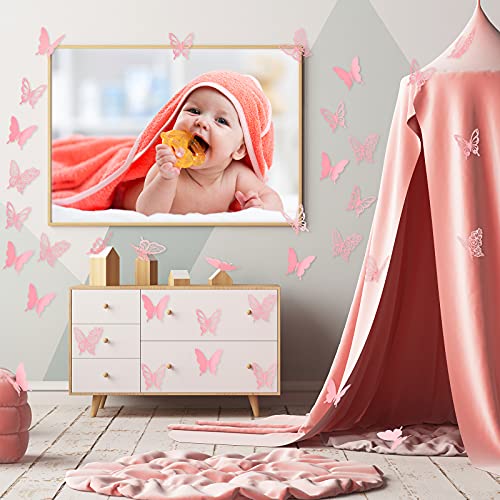 120 Pcs 3D Butterfly Wall Decor Mural Stickers Decals 3 Styles Butterfly Wall Decoration Decals for Baby Room Home Wedding Party DIY Decor(Pink)