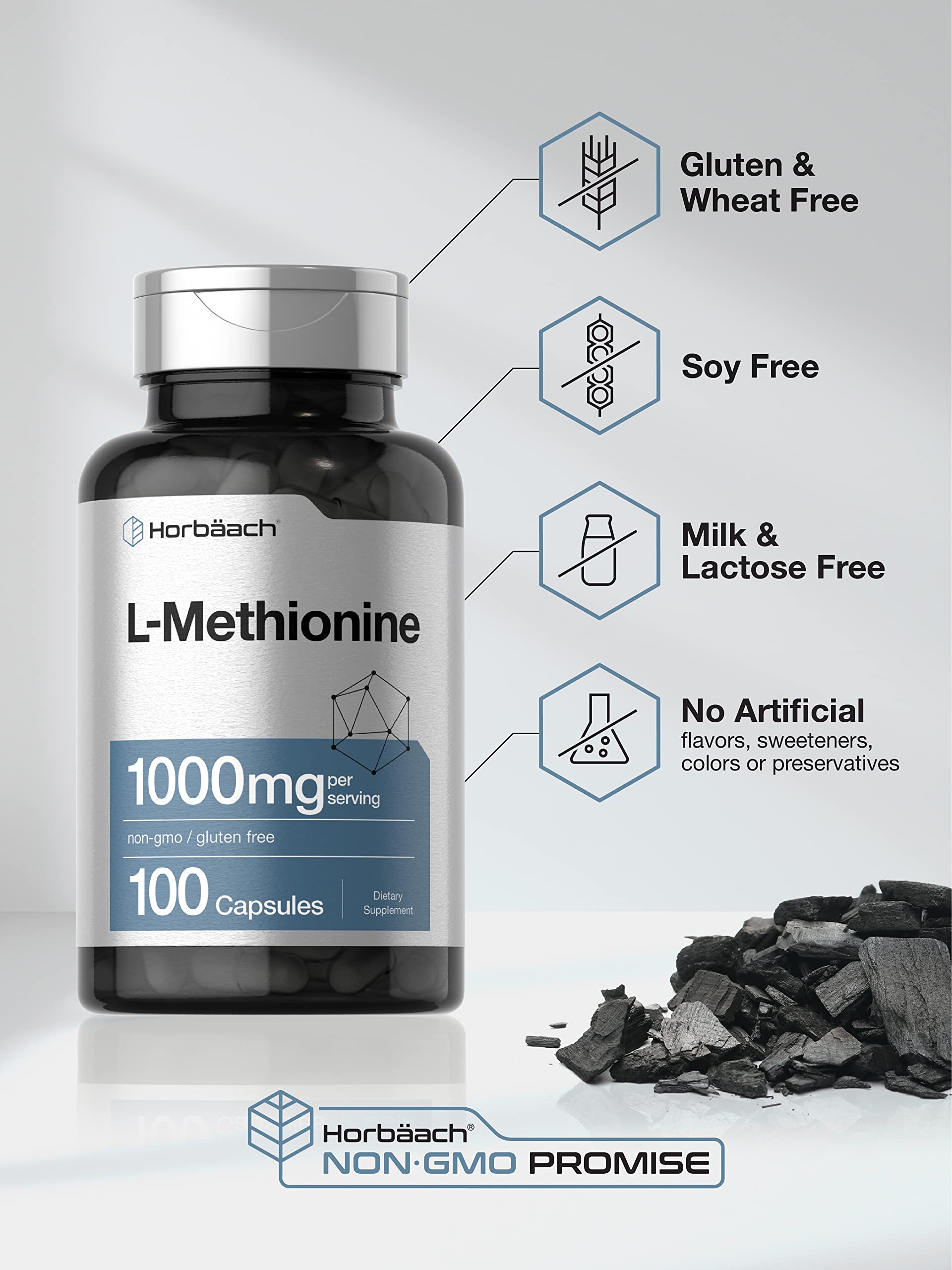 Horbäach L-Methionine 1000mg | 100 Capsules | Non-GMO, Gluten Free | Free Form Supplement