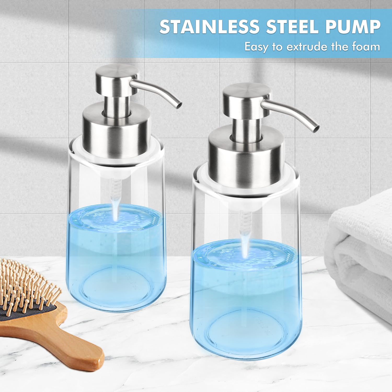 GLUBEE Foaming Soap Dispenser, 15 Oz Glass Hand Soap Dispenser with Rust Proof Stainless Steel Pump, Refillable Clear Foam Soap Dispenser Bottle with Wide Opening for Bathroom Decor & Kitchen